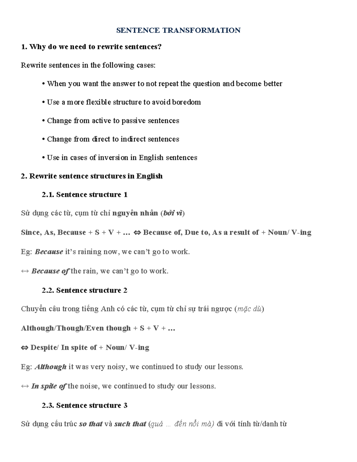 Sentence Transformation 2 - SENTENCE TRANSFORMATION Why do we need to ...