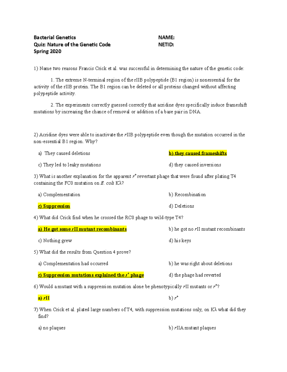 Nat Gen Code Quiz - Genetic code practice quiz - Bacterial Genetics ...