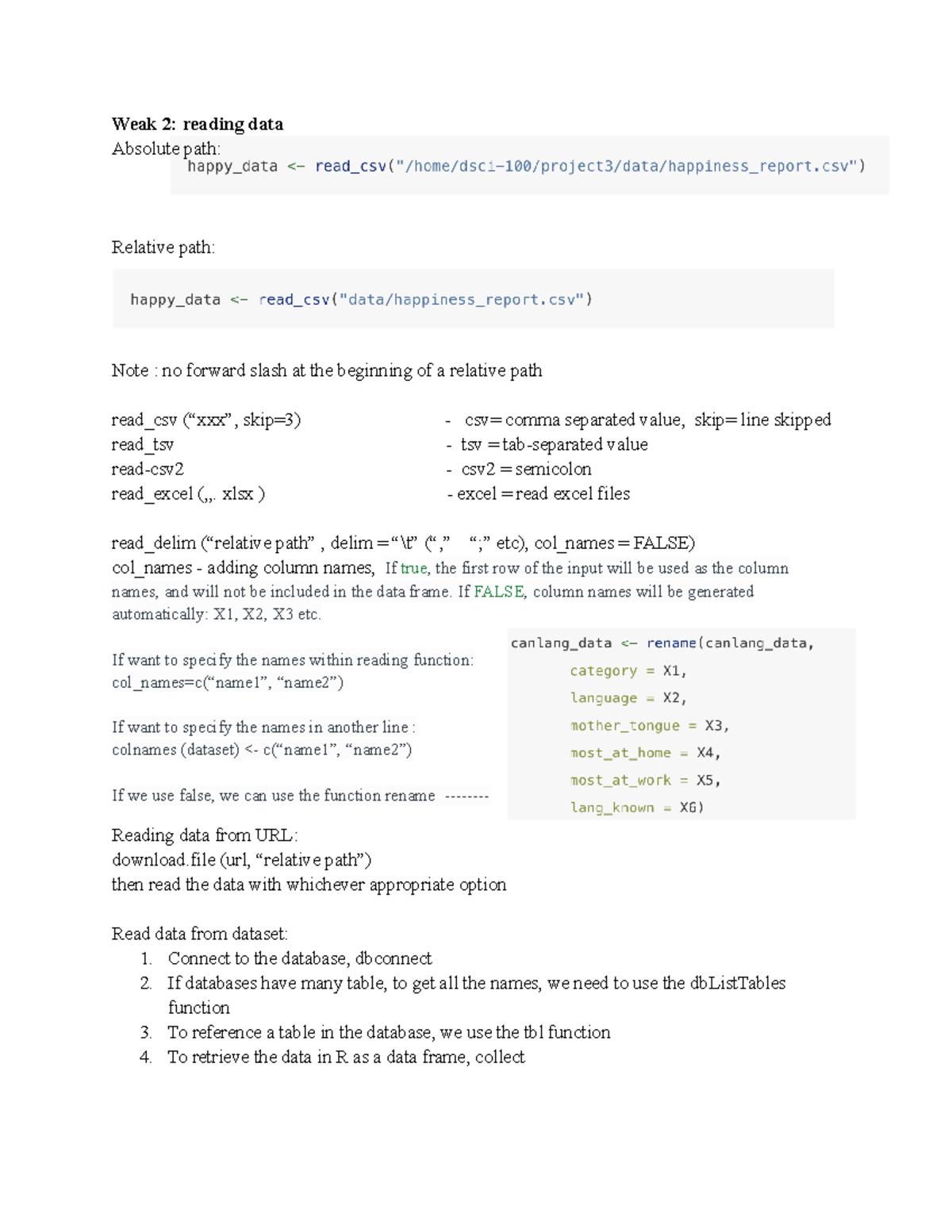 Dsci midterm review - Weak 2: reading data Absolute path: Relative path: Note : no forward slash ...