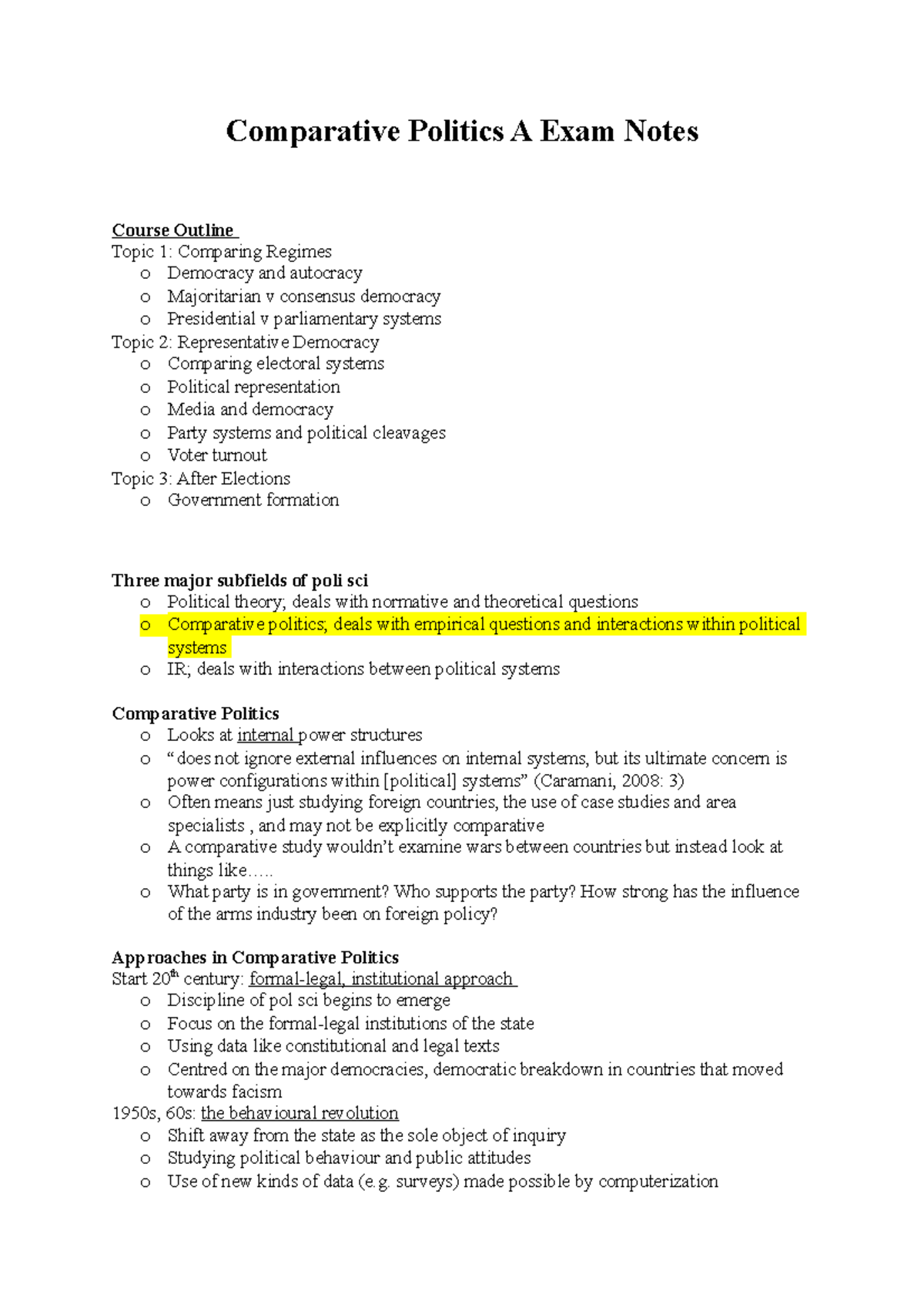 Comparative notes - Comparative Politics A Exam Notes Course Outline ...