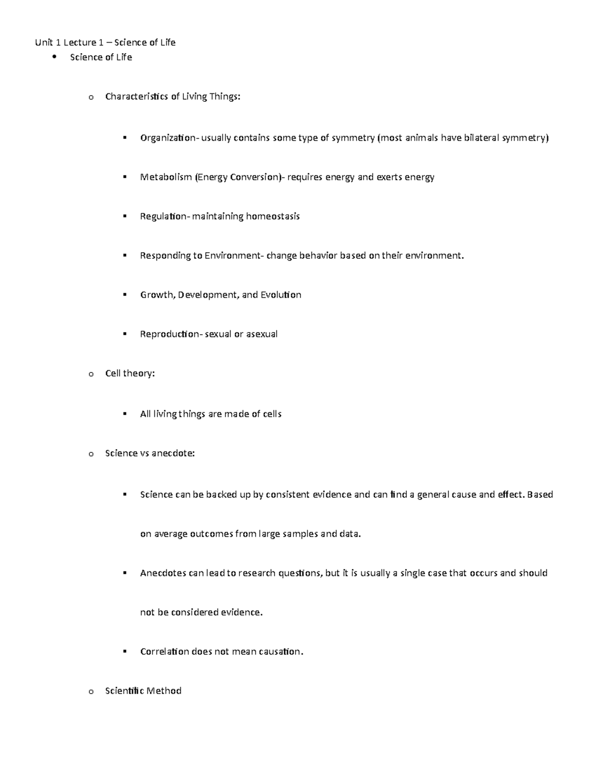 1111Unit1Lec1 Study Guide - Unit 1 Lecture 1 – Science of Life Science ...