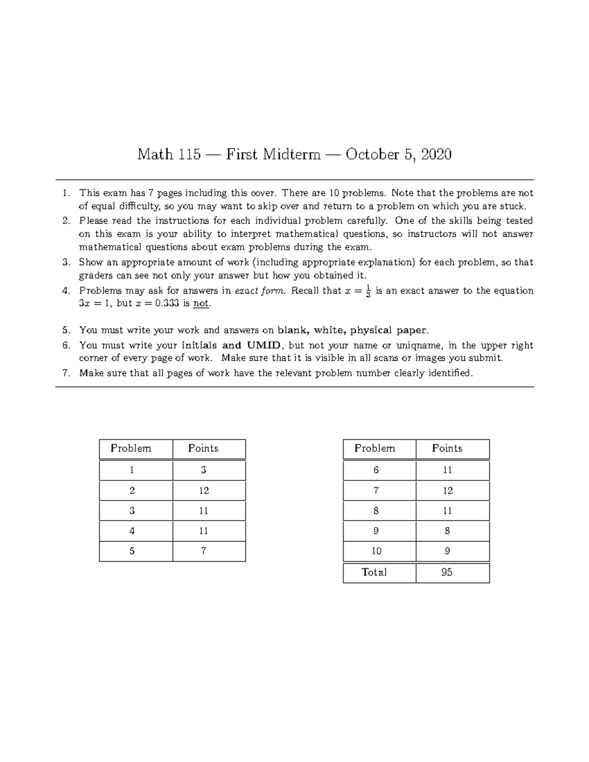 Math115Exam1F20 - Practice Midterm Exam - Math 115 — First Midterm — October 5, 2020 This exam ...