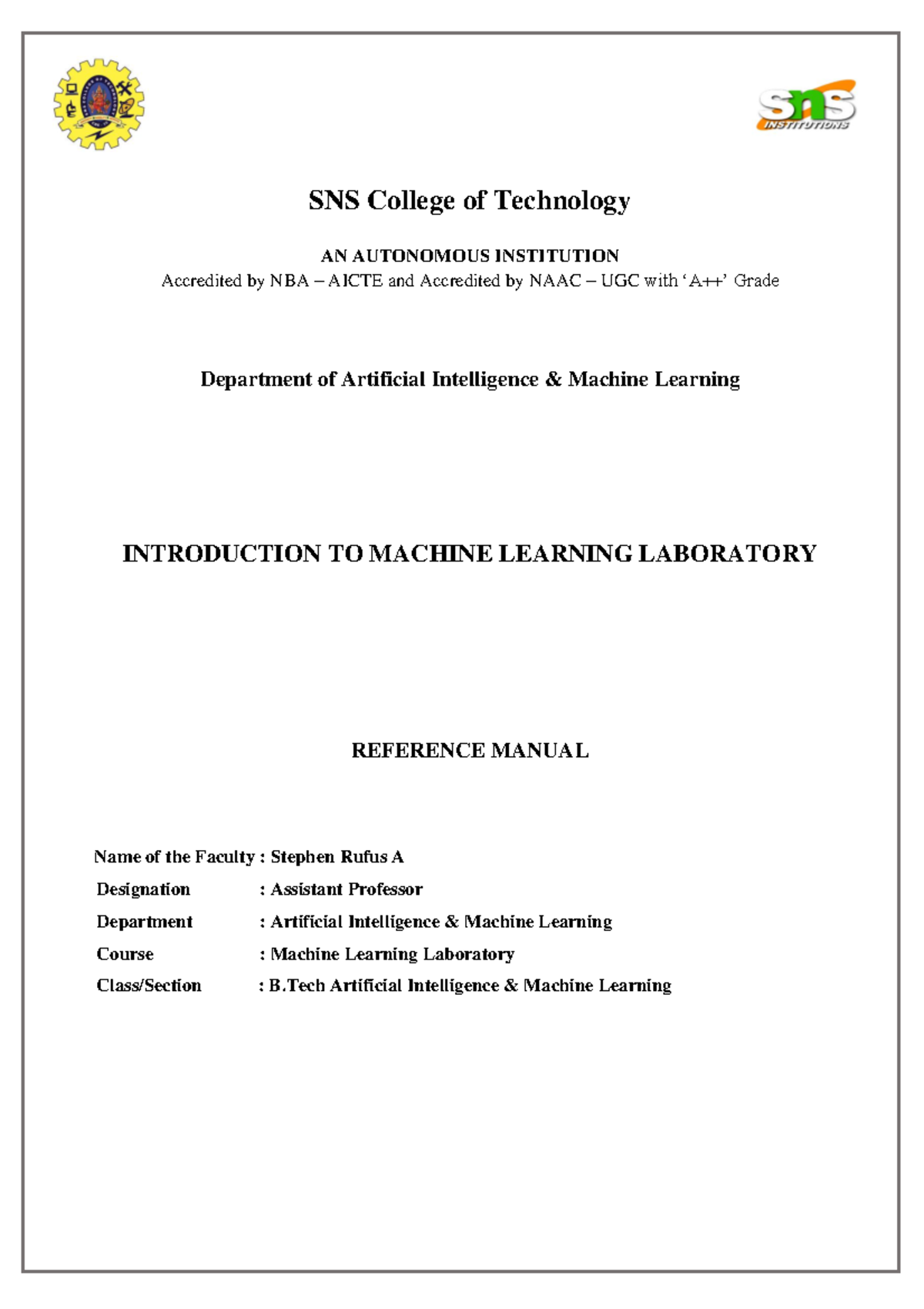 Iml manual - SNS College of Technology AN AUTONOMOUS INSTITUTION Accredited by NBA – AICTE and ...