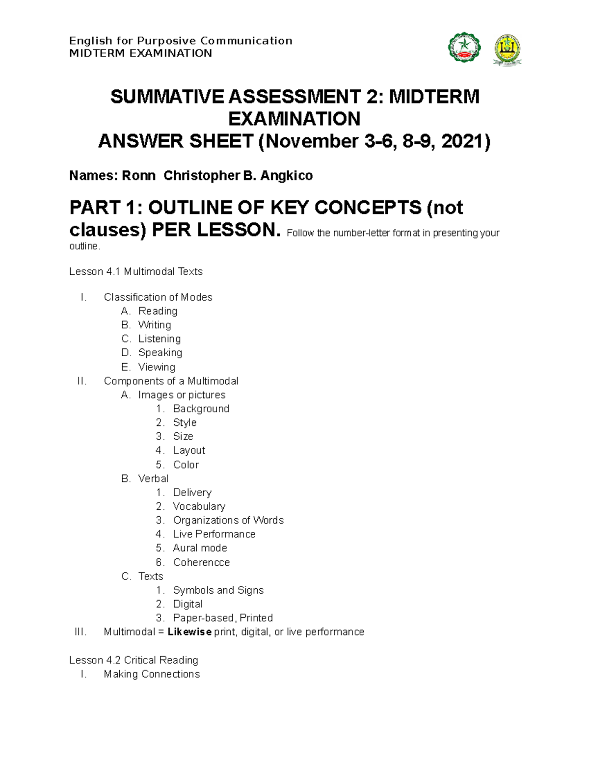 Angkico Summative Assessment 2 Midterm Examination English - MIDTERM EXAMINATION SUMMATIVE - Studocu