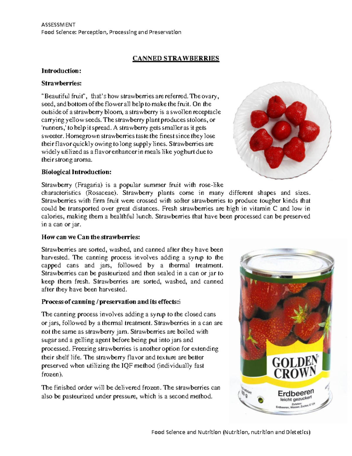Assessment 27% - CANNED STRAWBERRIES - Food Science: Perception ...