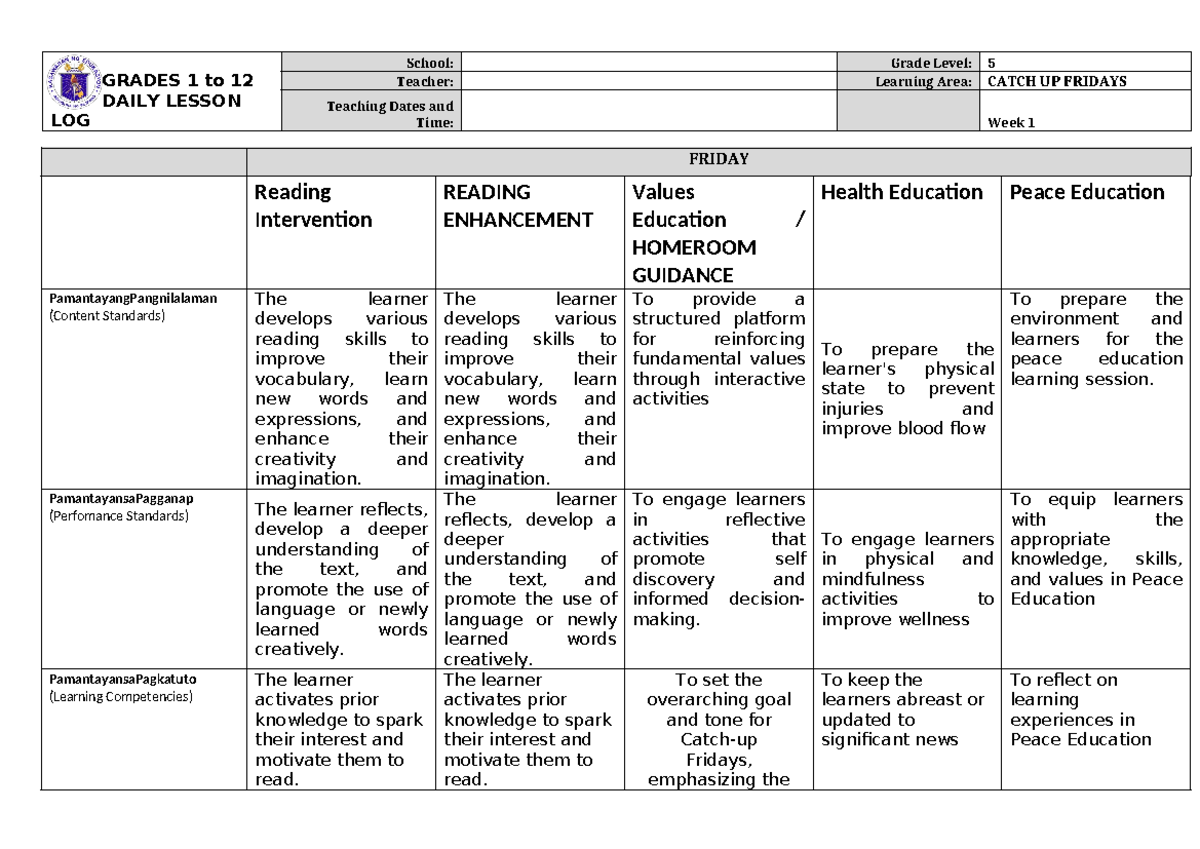 English Catch-UP- Fridays - GRADES 1 to 12 DAILY LESSON LOG School ...