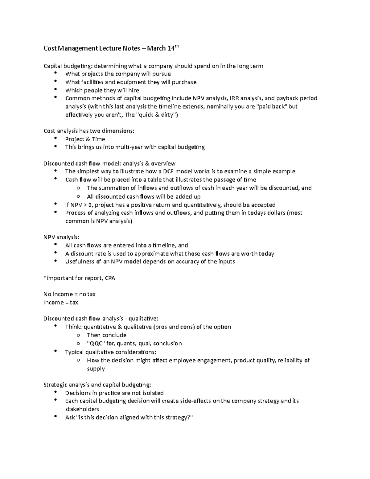 Cost Management Lecture Notes - Is the project aligned with the company ...