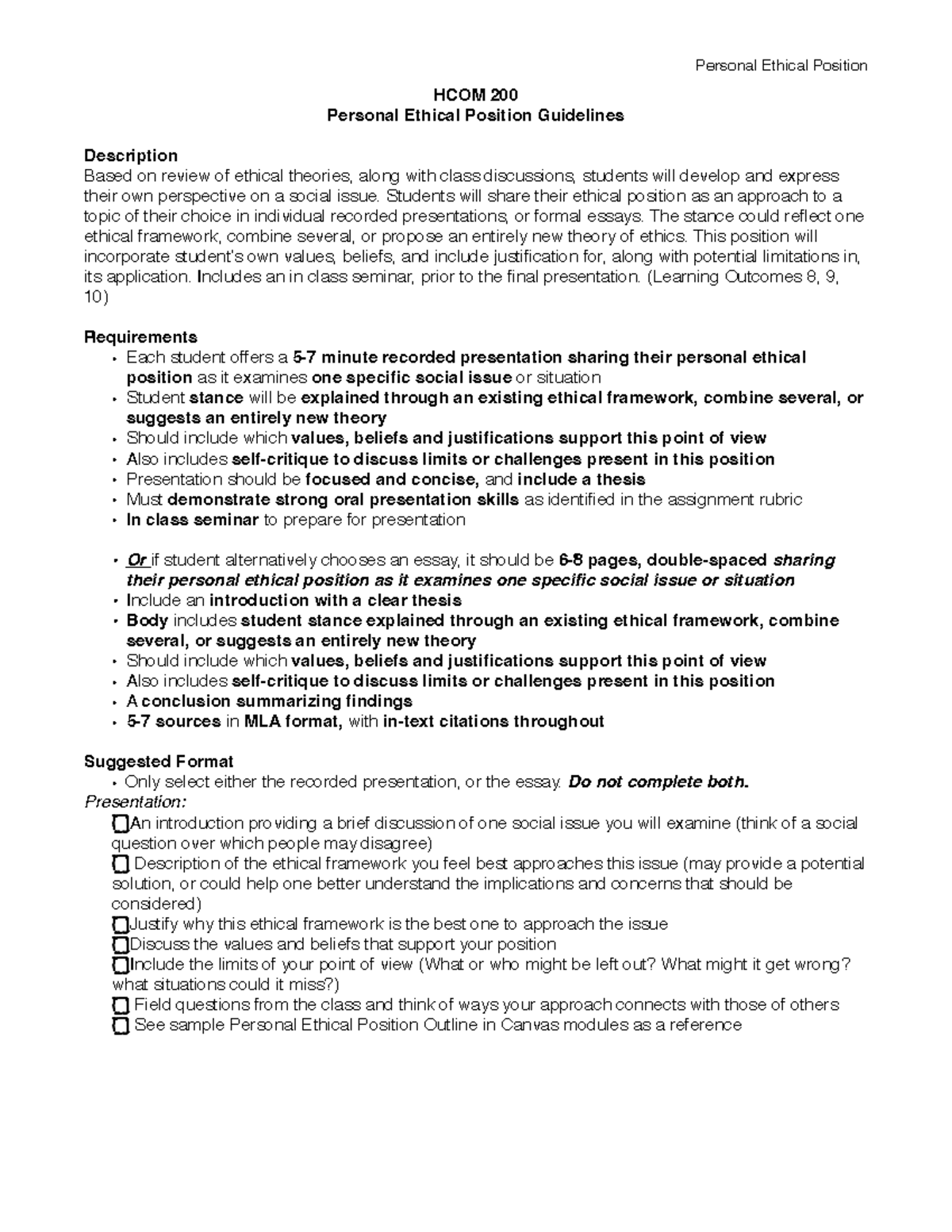 Personal Ethical Position Guidelines HCOM 200 - Personal Ethical ...