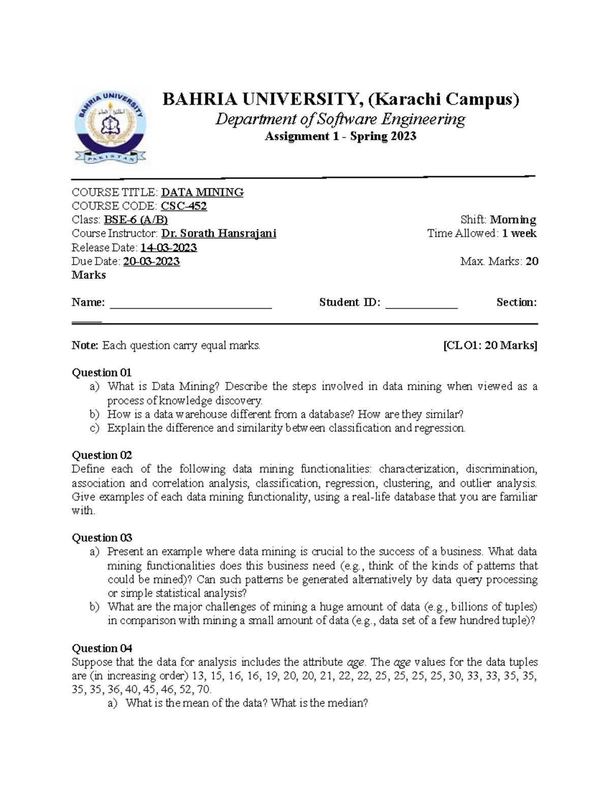 DM Assignment 01 14032023 101120 am - BAHRIA UNIVERSITY, (Karachi Campus) Department of Software ...