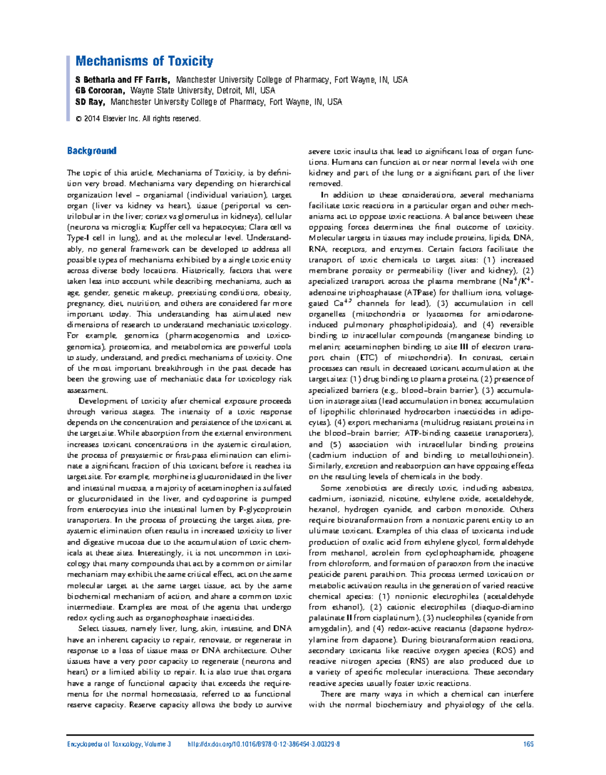 Mechanism of toxicity - S Betharia and FF Farris, Manchester University ...