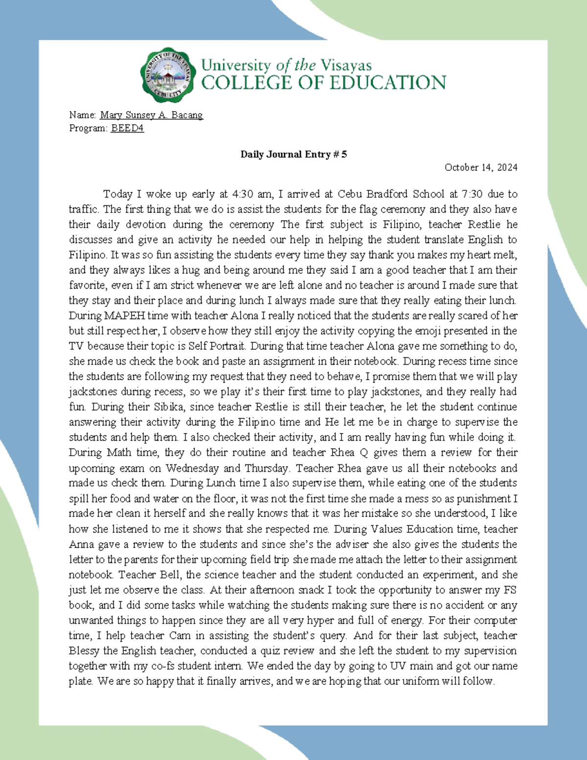 Daily Journal 2nd Week - Program: BEED Daily Journal Entry # 5 October ...