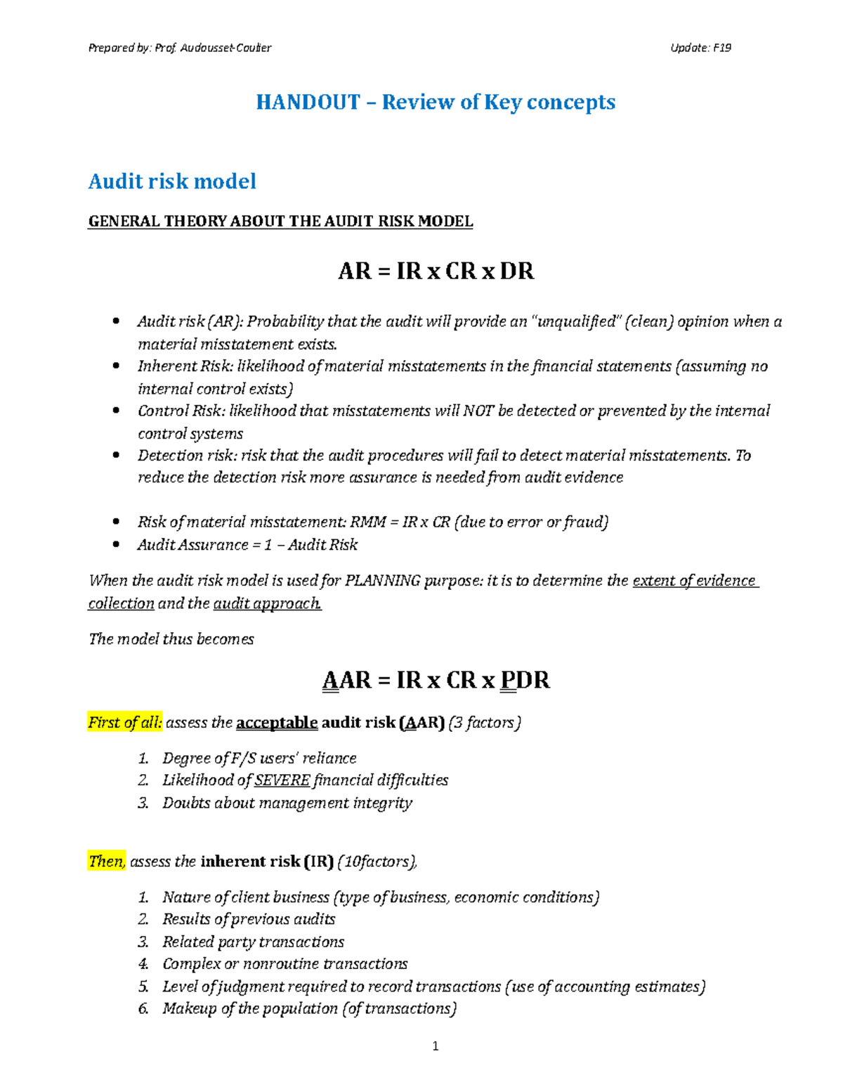 L1 - Students - Handout - Review of key concepts - HANDOUT – Review of ...