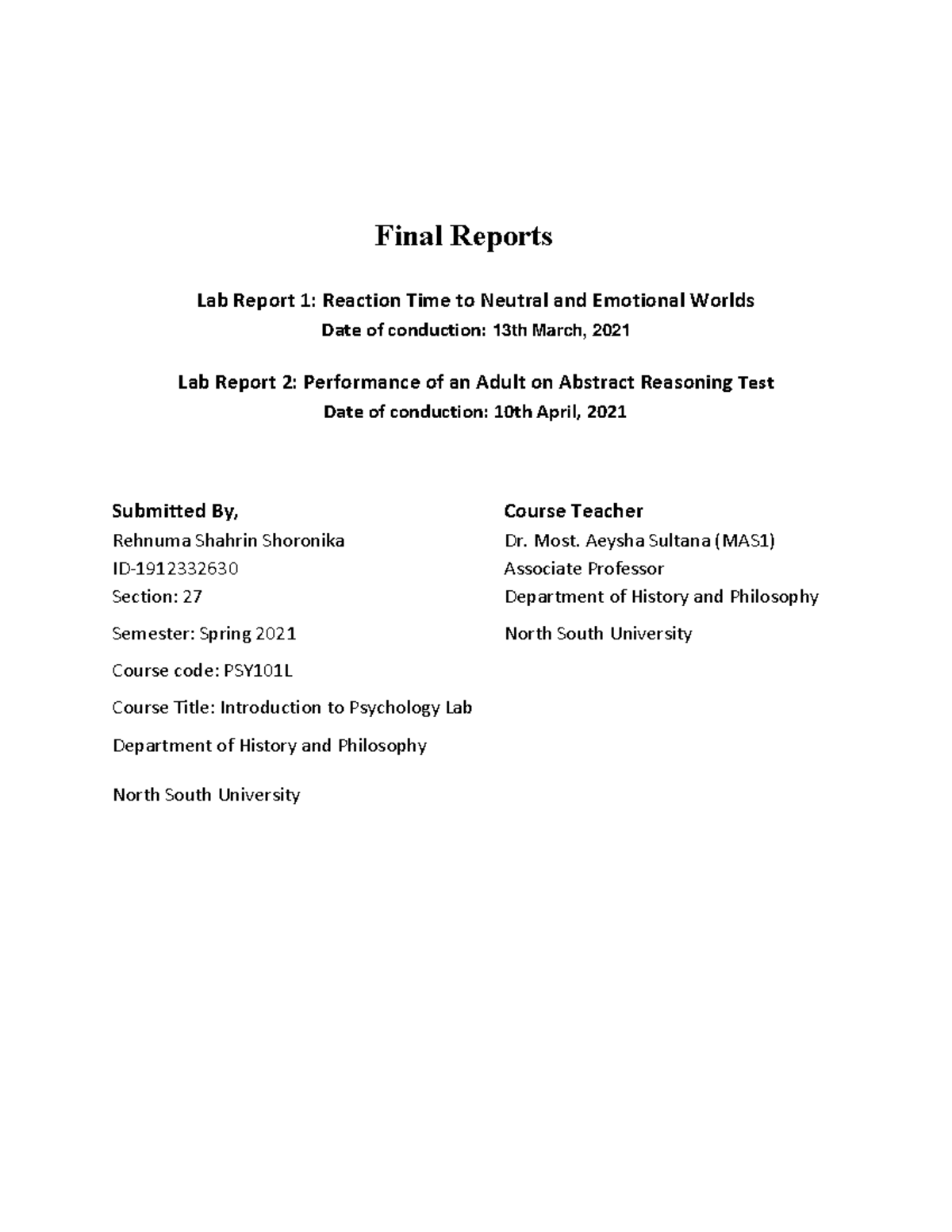 PSY101 Experimental Lab report - Final Reports Lab Report 1: Reaction ...