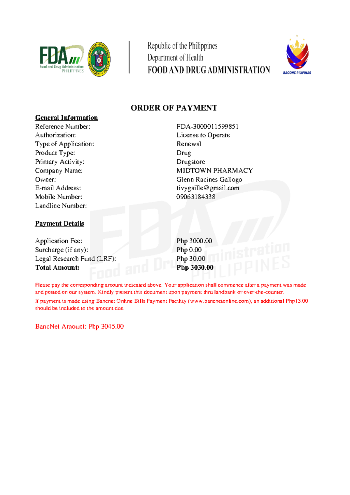 Order of Payment FDA-3000011599851 (1) - ORDER OF PAYMENT General ...