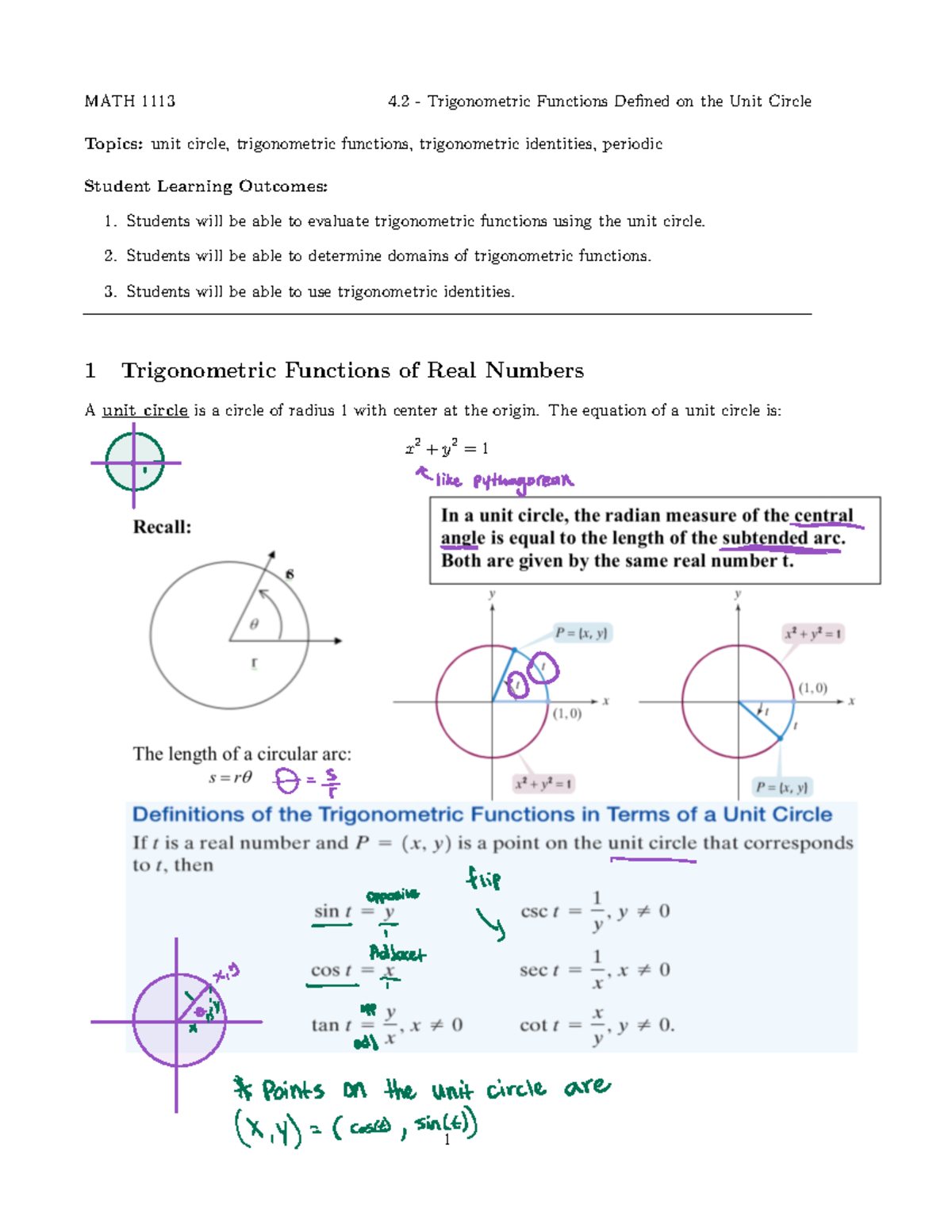 4.2 Practice problems - MATH 1113 4 - Trigonometric Functions Defined ...