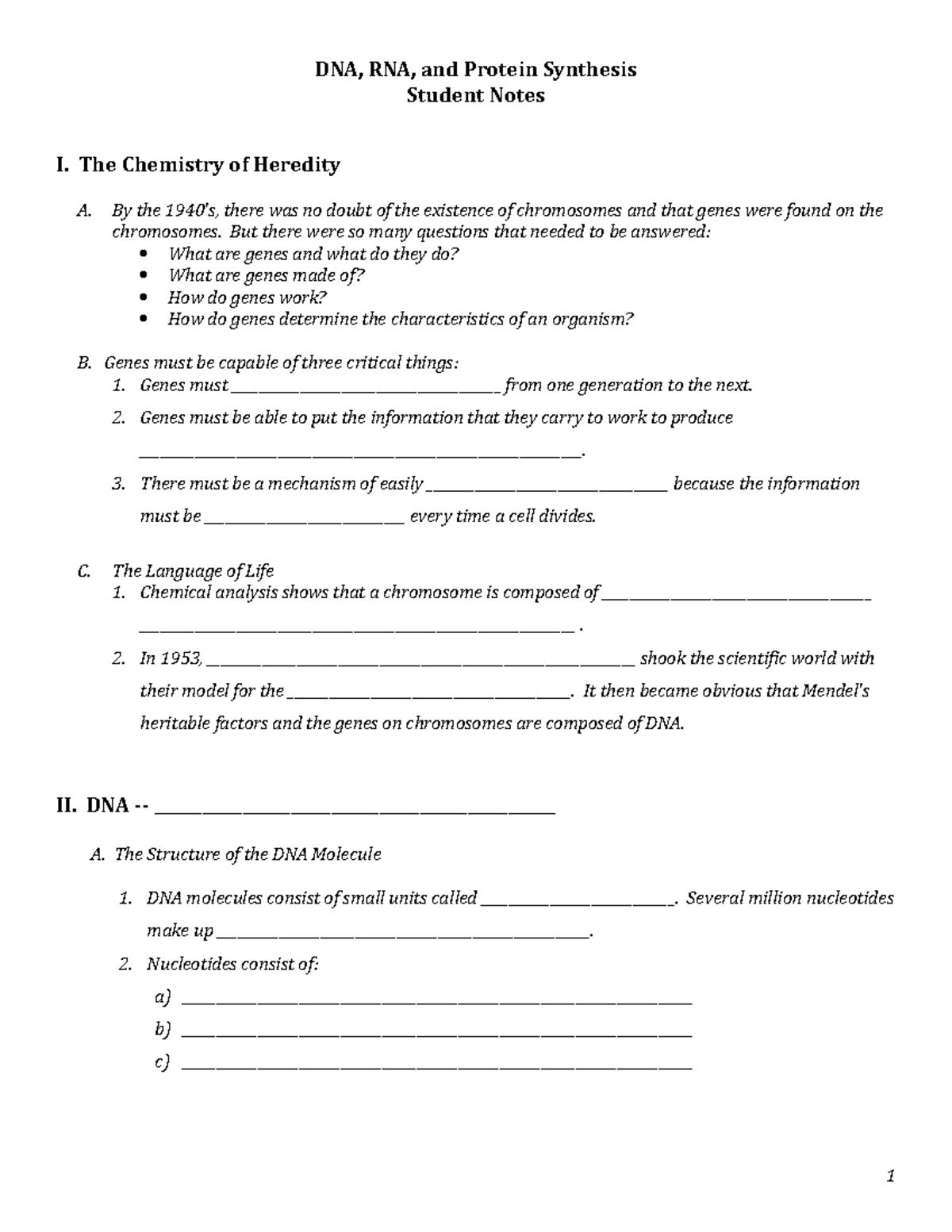Intro to DNA - Biology - DNA, RNA, and Protein Synthesis Student Notes ...