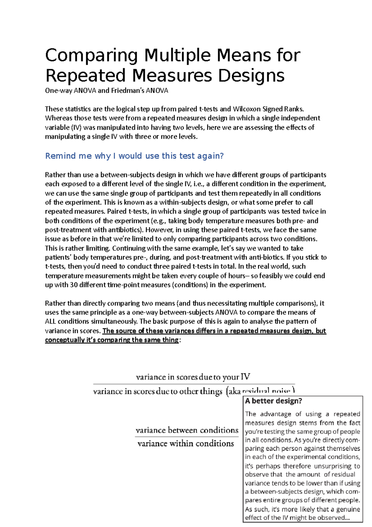 Comparing Multiple Means for Repeated Measures Designs - Studocu