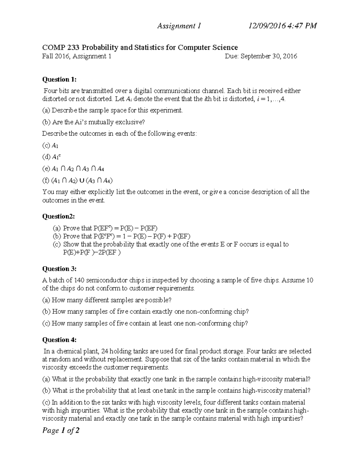 Seminar assignments - Assignment 1 with solutions - COMP 233 Probability and Statistics for ...