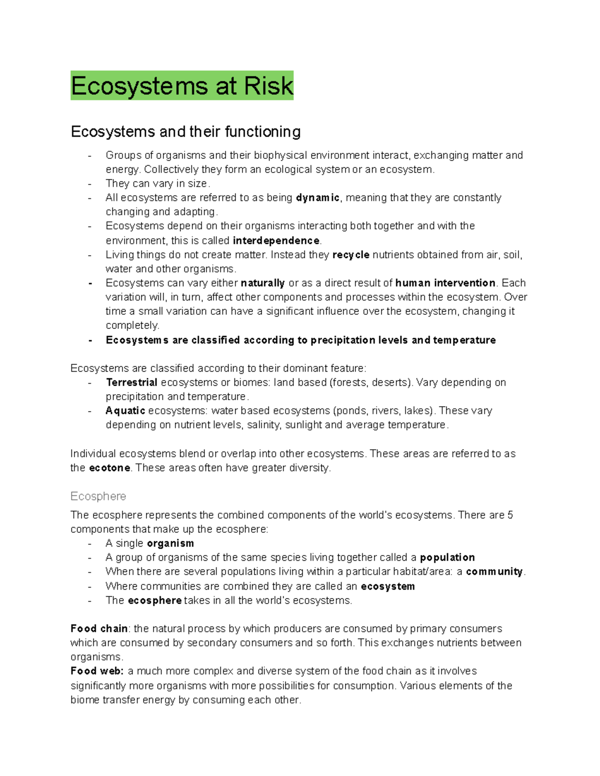 HSC Geography - ecosystems at risk - Ecosystems at Risk Ecosystems and ...