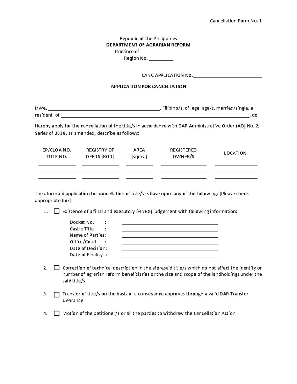 DAR+-+Cancellation+Form+No - Cancellation Form No. 1 Republic of the ...