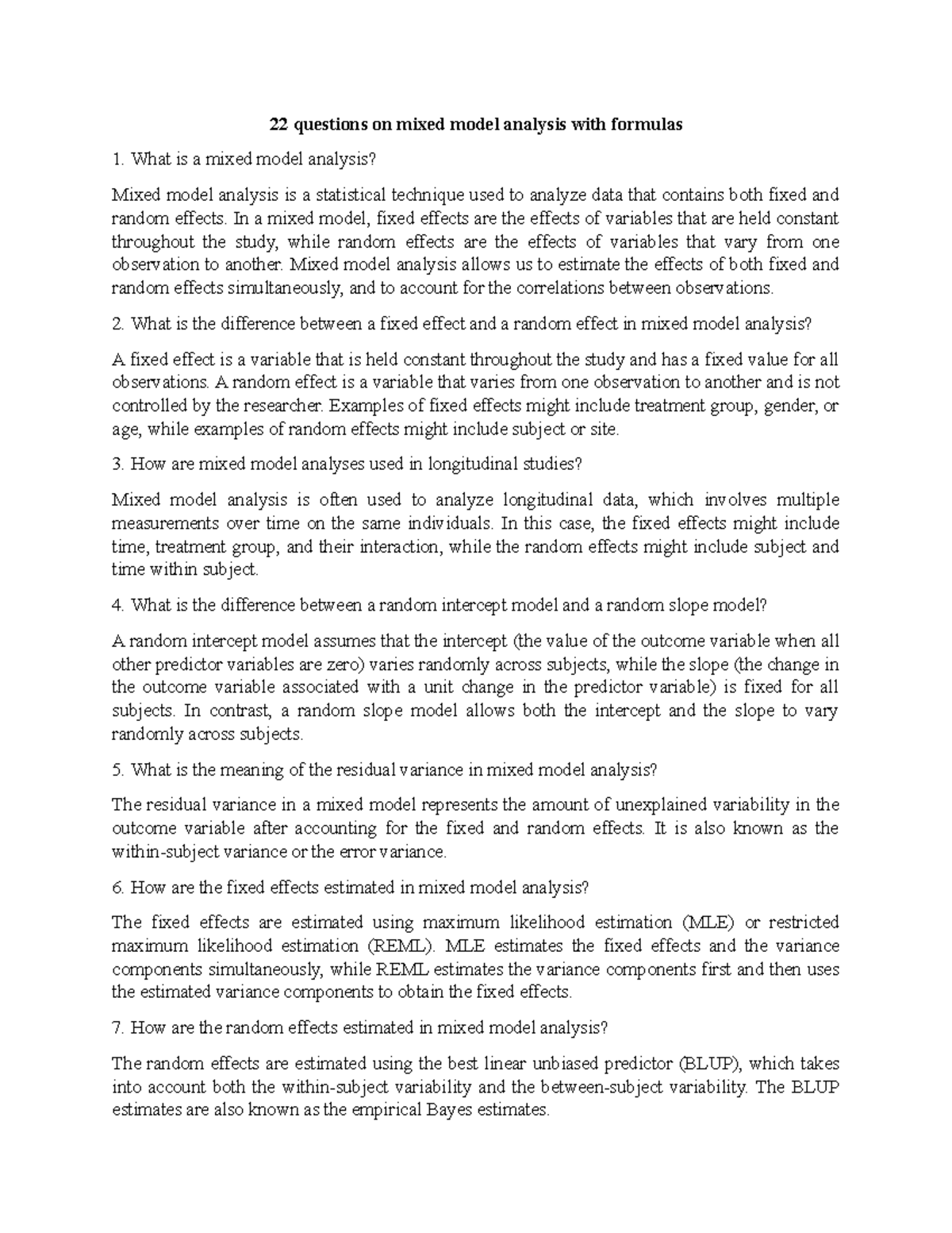 22 questions on mixed model analysis with formulas - In a mixed model ...