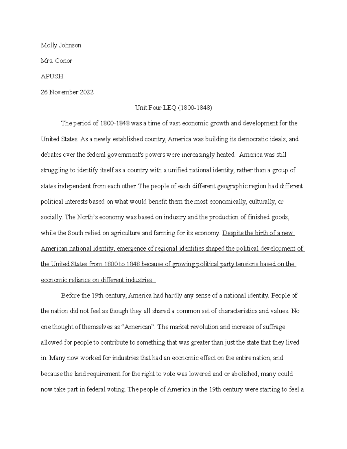 Unit 4 LEQ - long essay question - Molly Johnson Mrs. Conor APUSH 26 ...