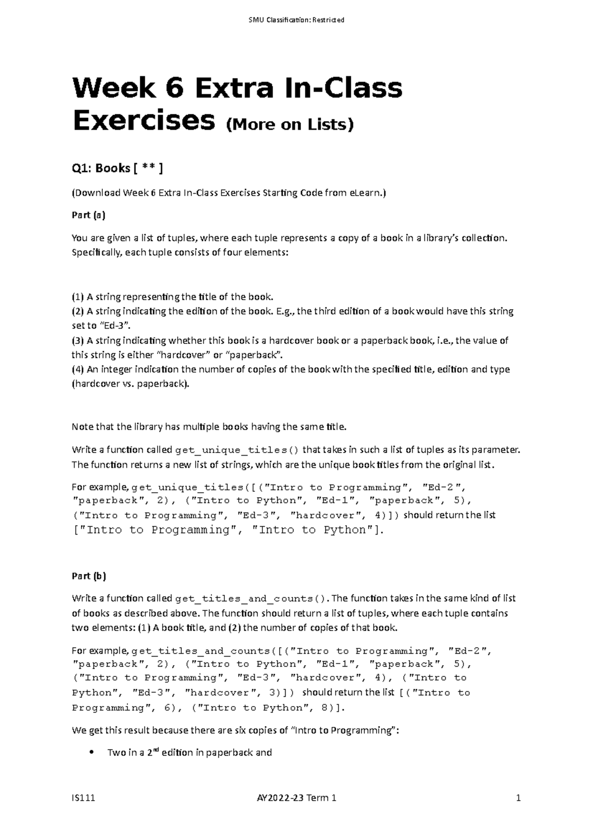 Week 2 In Class Exercises Extra V1 Week 6 Extra In Class Exercises More On Lists Q1
