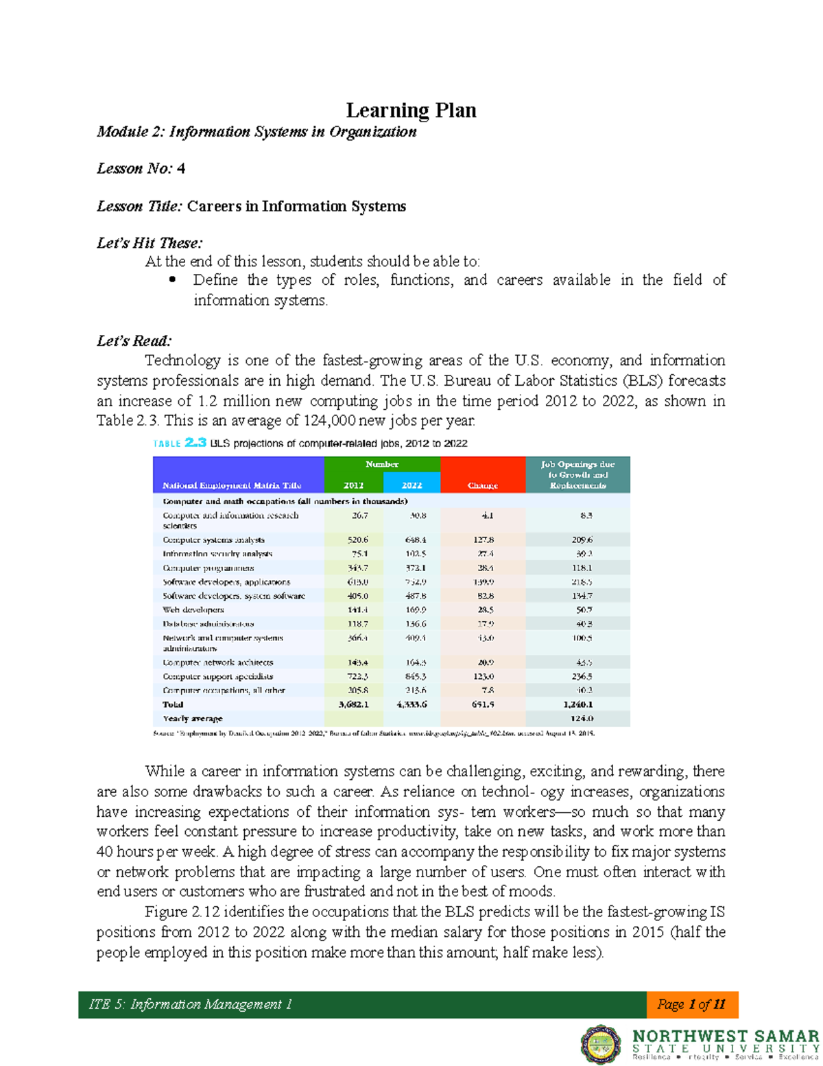 M2 Lesson 4 Careers in Information Systems - Learning Plan Module 2 ...