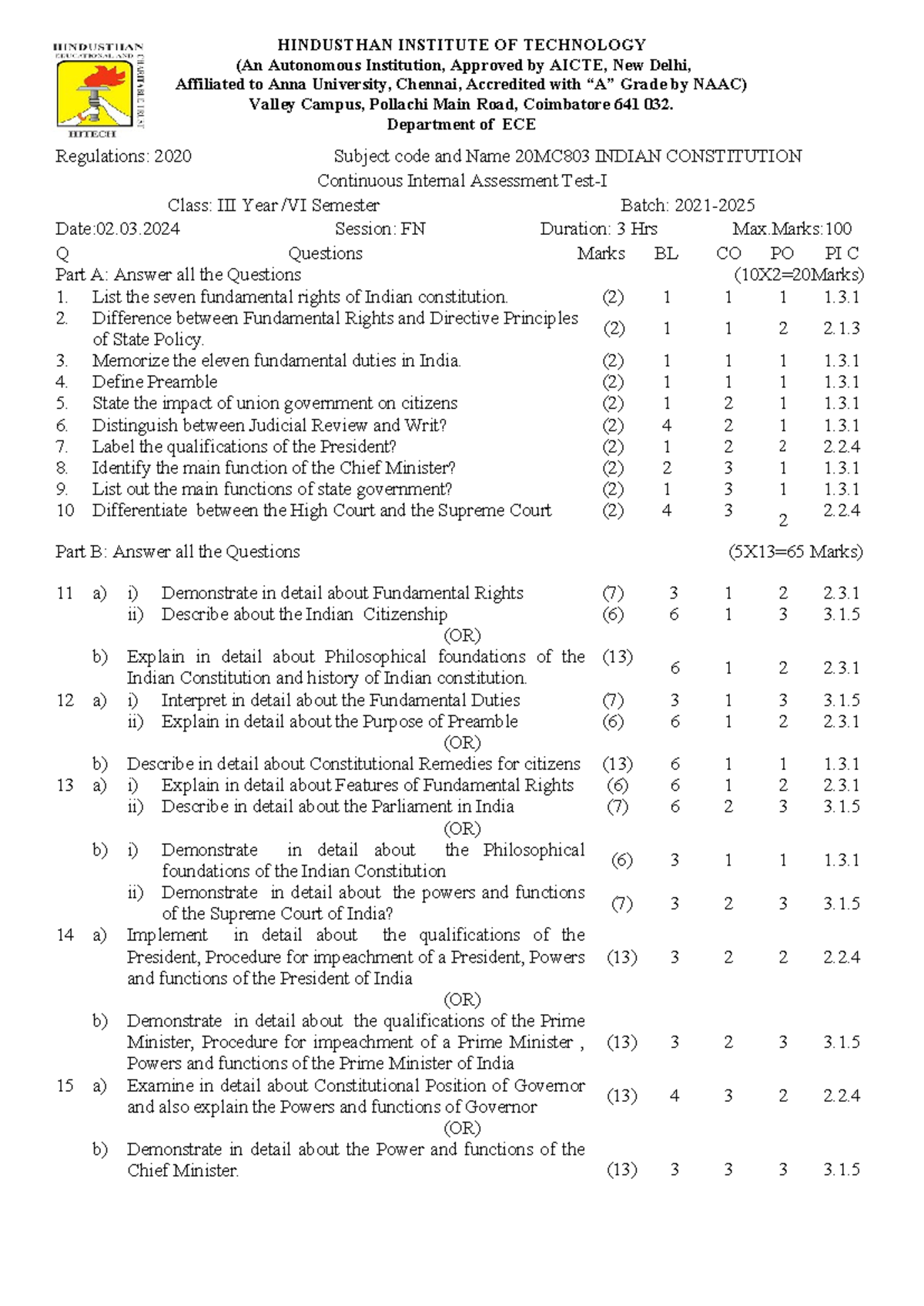CIA I - HINDUSTHAN INSTITUTE OF TECHNOLOGY (An Autonomous Institution ...