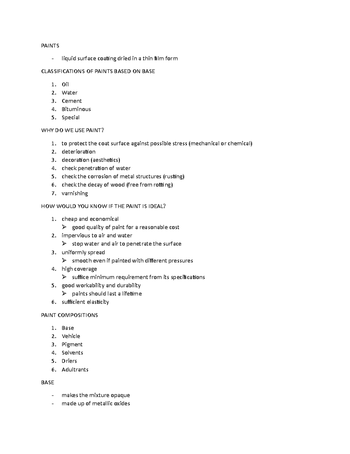 Paints - Notes - PAINTS liquid surface coating dried in a thin film ...