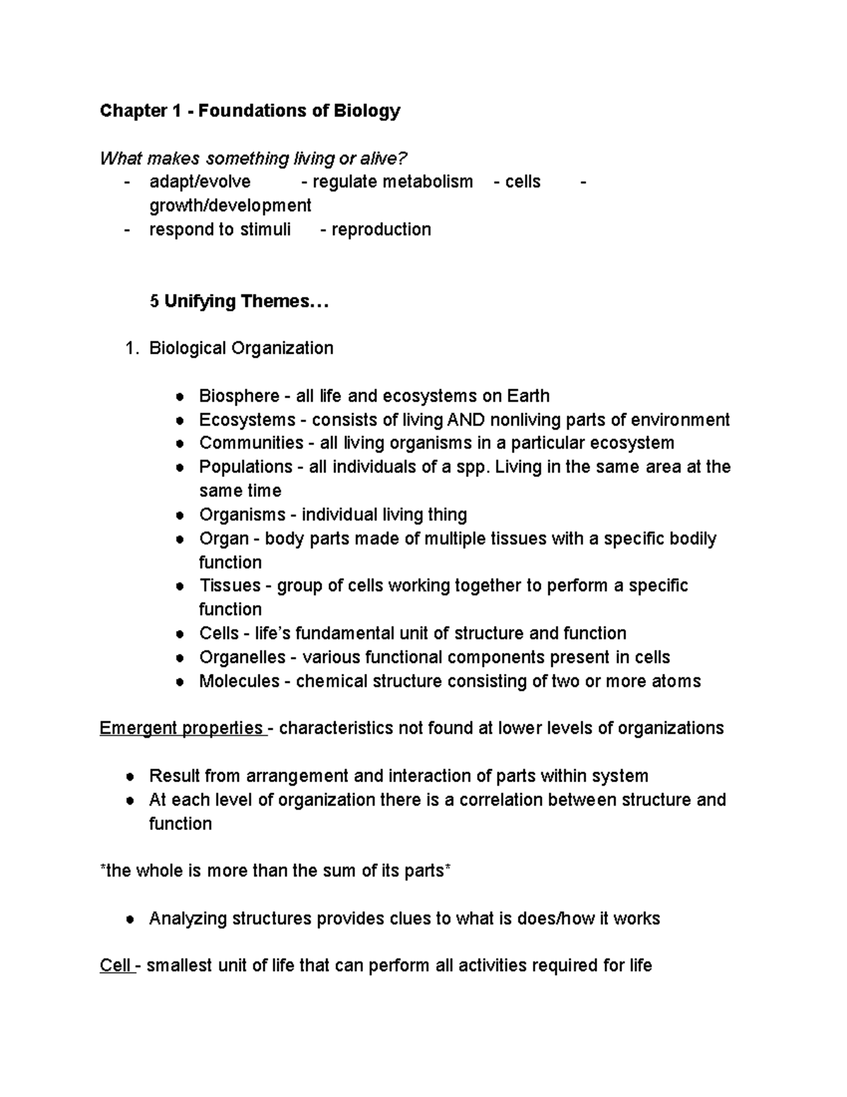 Biology Notes - Professor Miles - Chapter 1 - Foundations of Biology ...