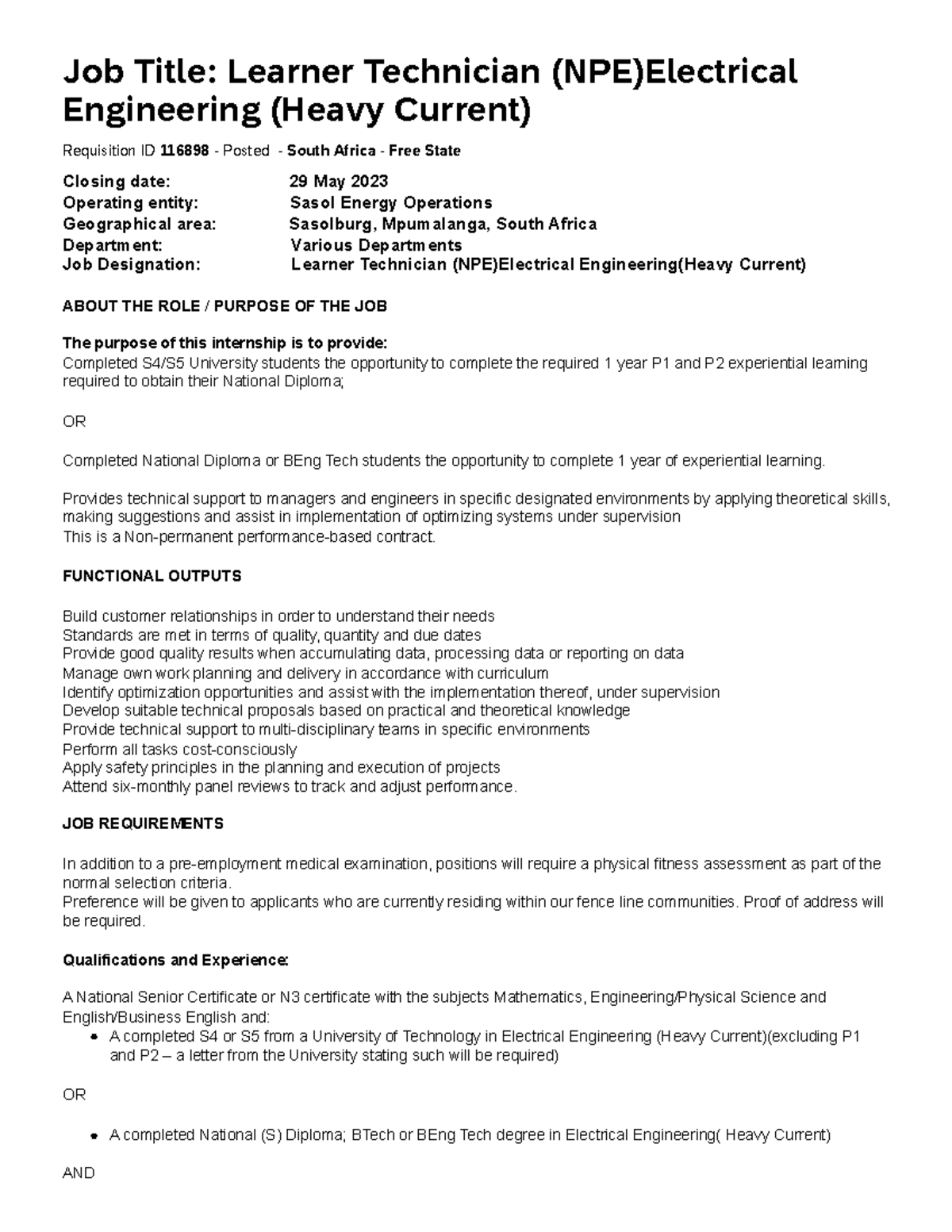 )Electrical Engineering - Job Title: Learner Technician (NPE)Electrical ...