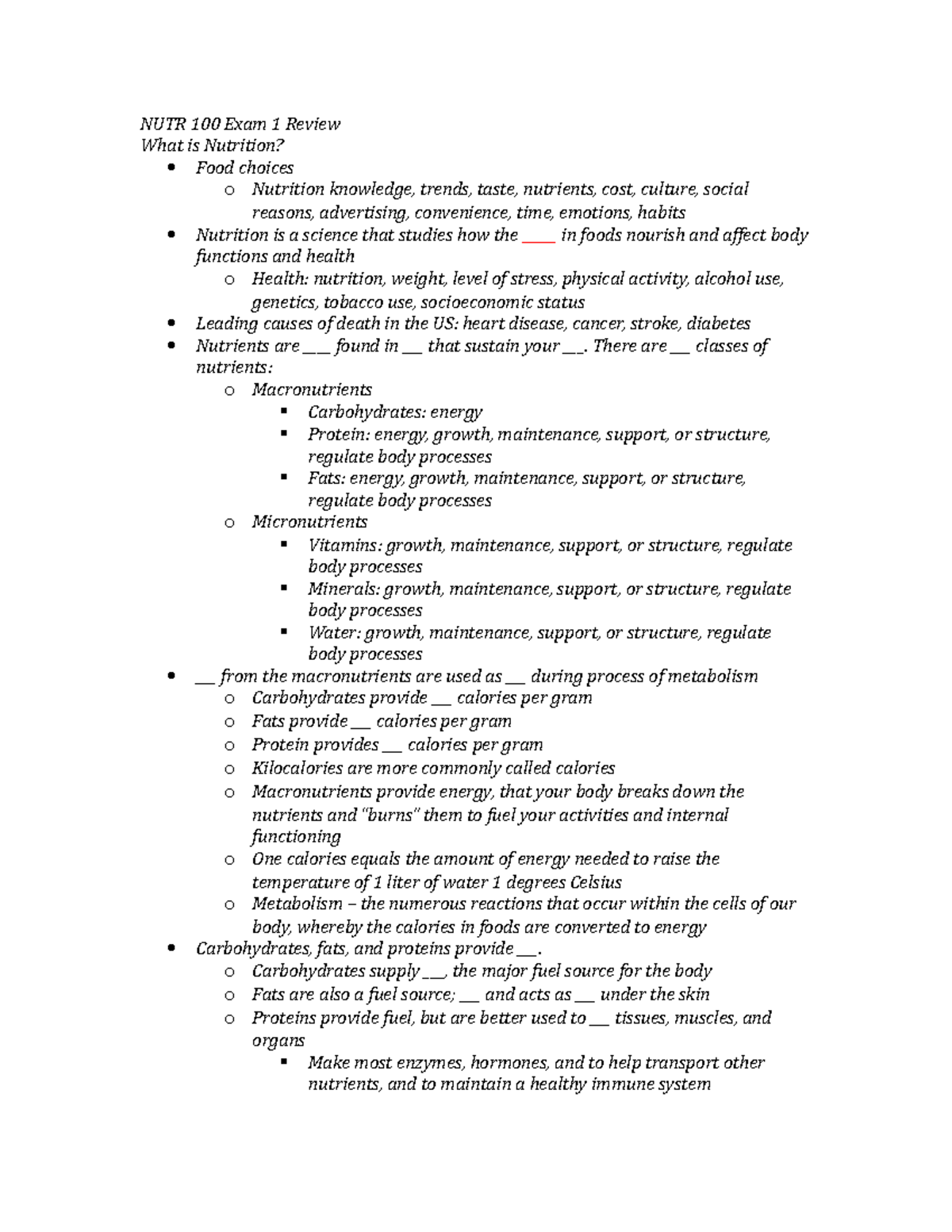 NUTR 100 Exam 1 Review - Exam Summary - NUTR 100 Exam 1 Review What is ...