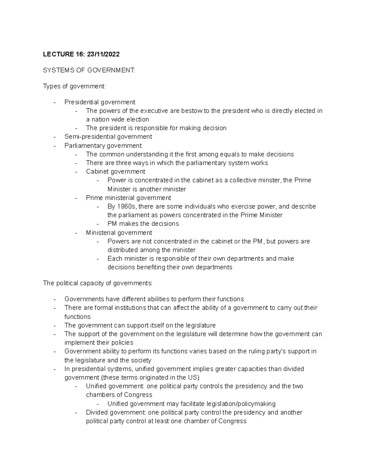 Poli 203, lecture 16 - LECTURE 16: 23/11/ SYSTEMS OF GOVERNMENT: Types ...