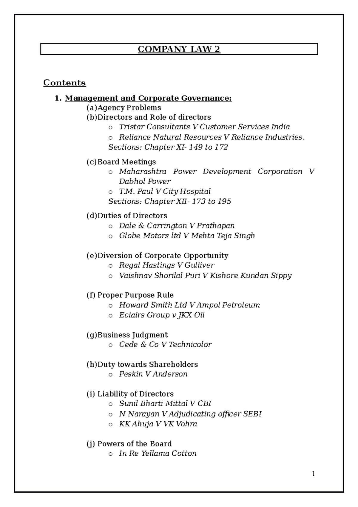 Company Law 2 Notes - COMPANY LAW 2 Contents Management and Corporate ...