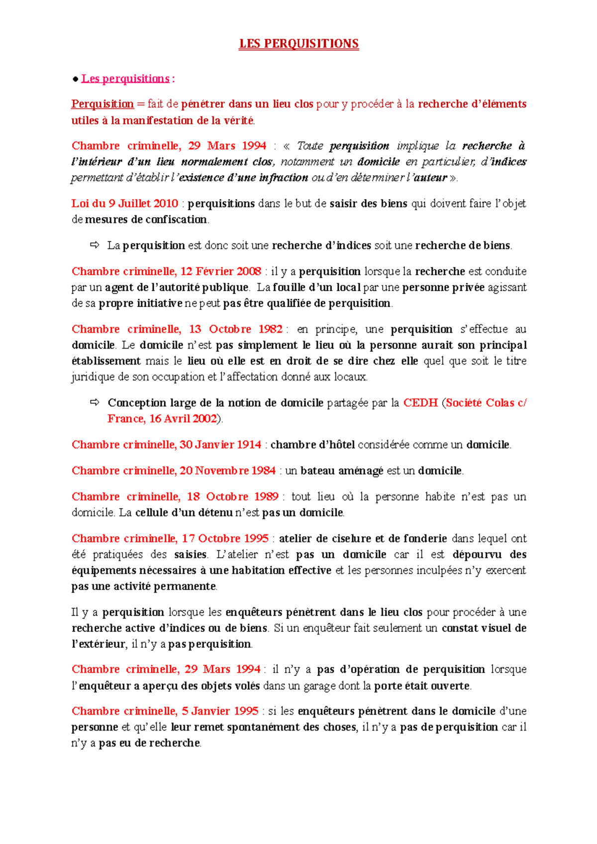 Les perquisitions - notes de cours - Les perquisitions : Perquisition ...