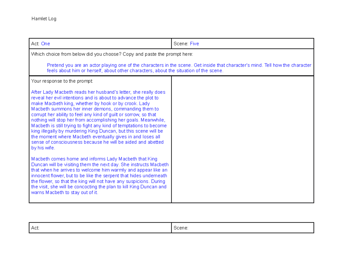 Macbeth Act 1 Scene 5 - Reading Log - Hamlet Log Act: One Scene: Five ...