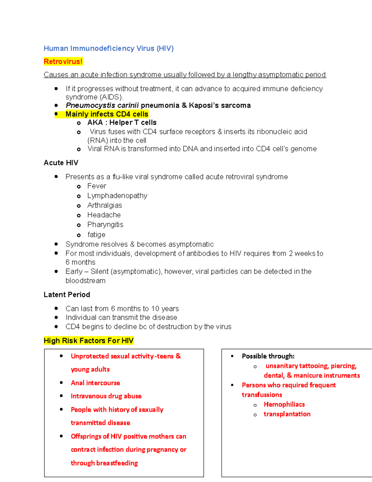 Patho EXAM 4-YR - Human Immunodeficiency Virus (HIV) Retrovirus! Causes ...