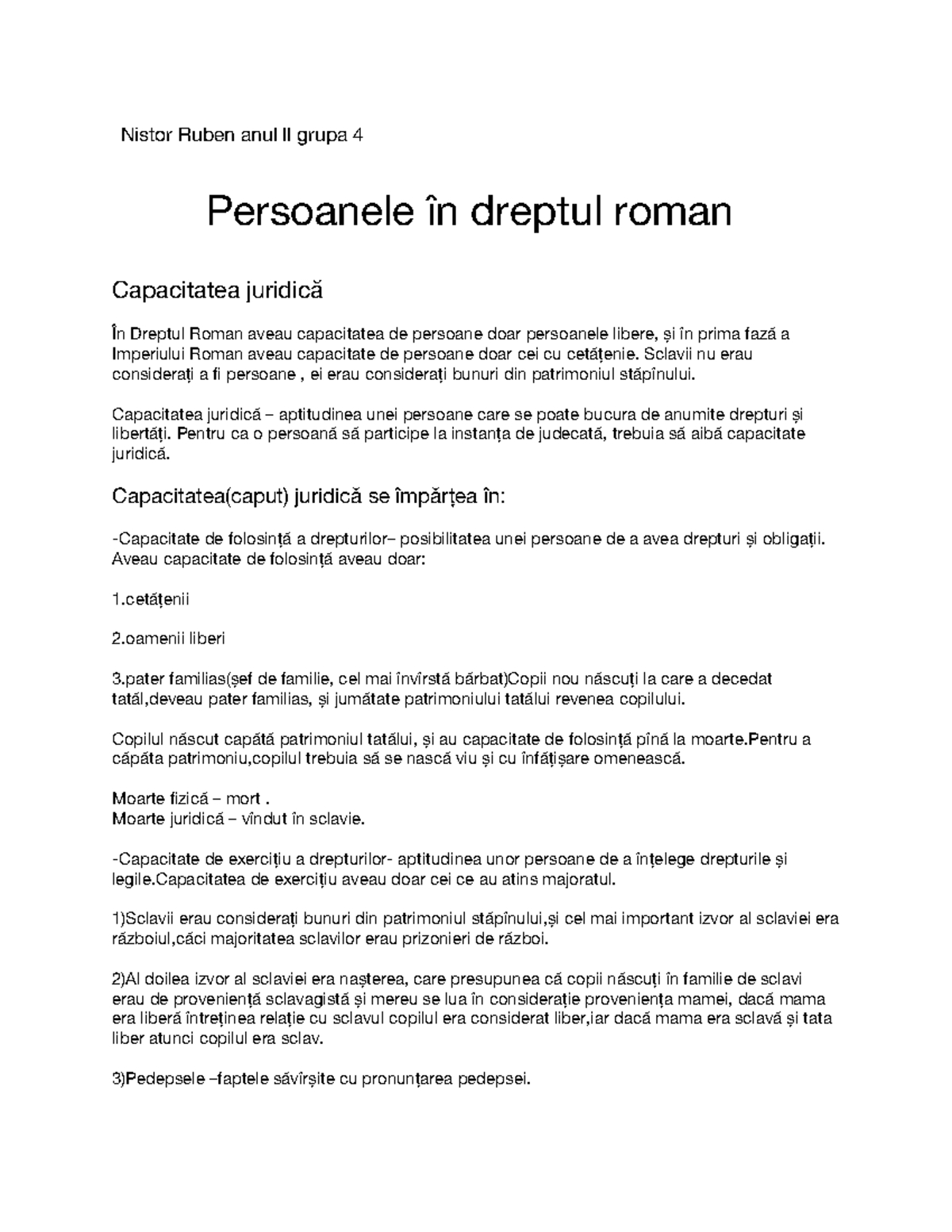 Referat Drept Roman anul 1sem 1 examen - Nistor Ruben anul ll grupa 4 ...