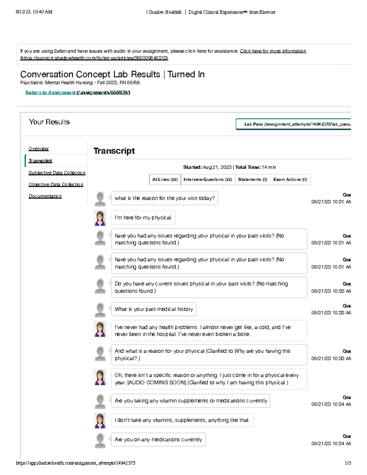 Converstaion lab Rachael - 8/21/23, 10:40 AM | Shadow Health® │ Digital ...