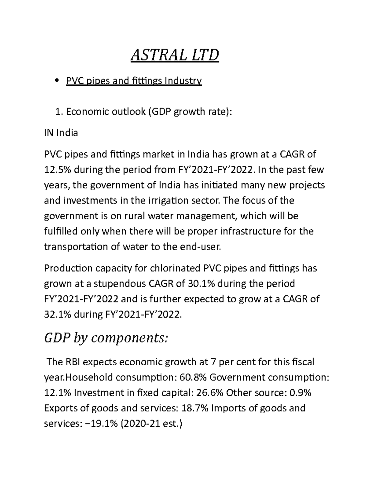 Astral LTD - ASTRAL LTD PVC pipes and fittings Industry Economic ...