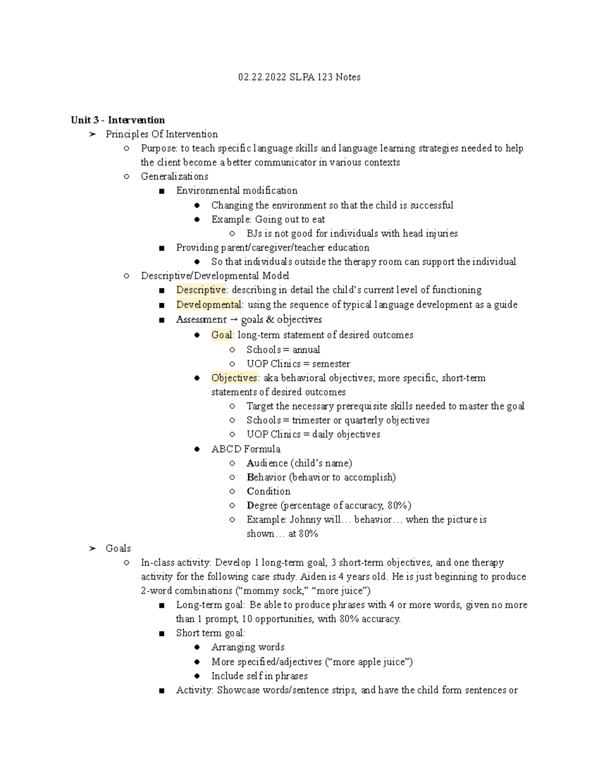 2.22.2022 SLPA 123 Notes - 02.22 SLPA 123 Notes Unit 3 - Intervention ...