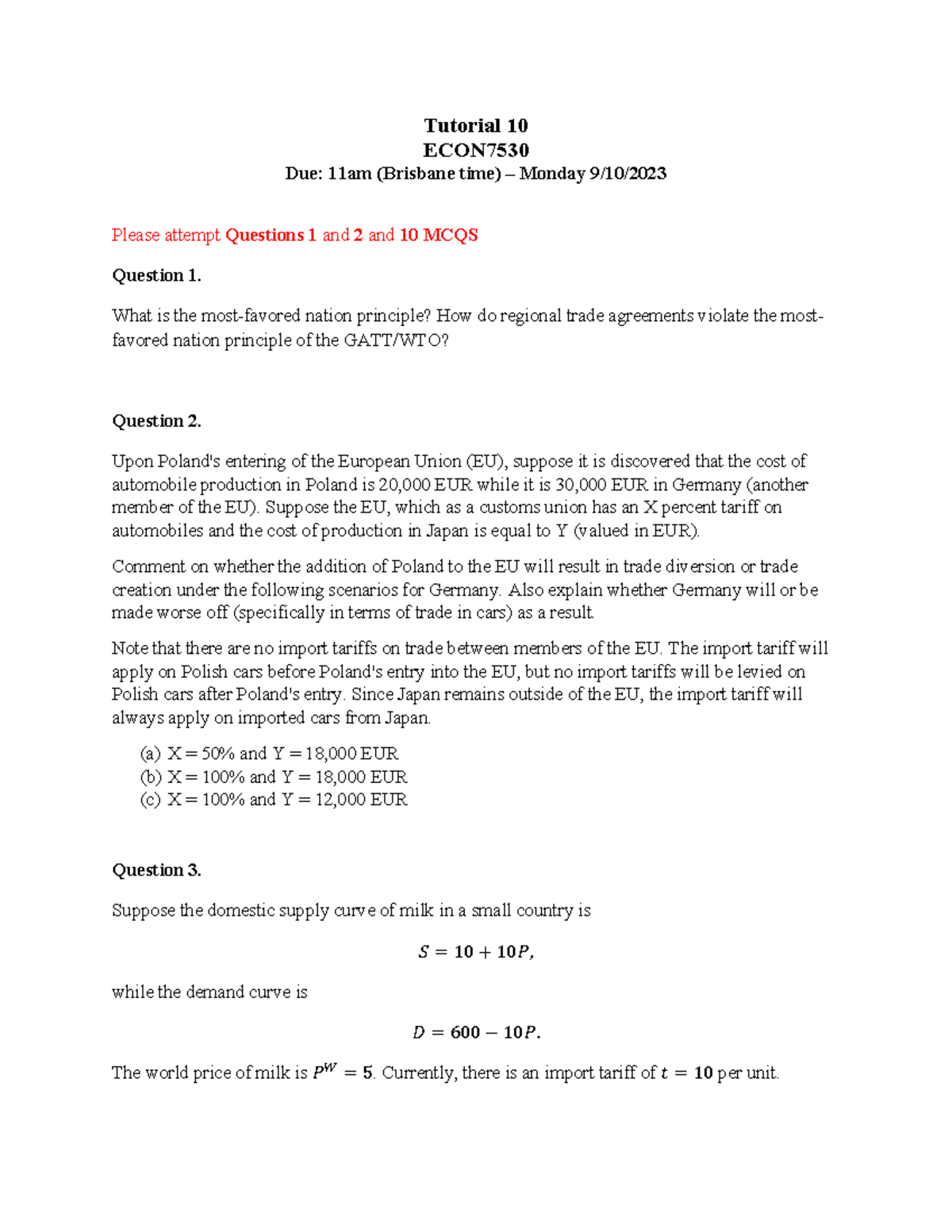 Tut10 Q Tutorial Questions Tutorial 10 Econ Due 11am Brisbane Time Monday 9 10 Please