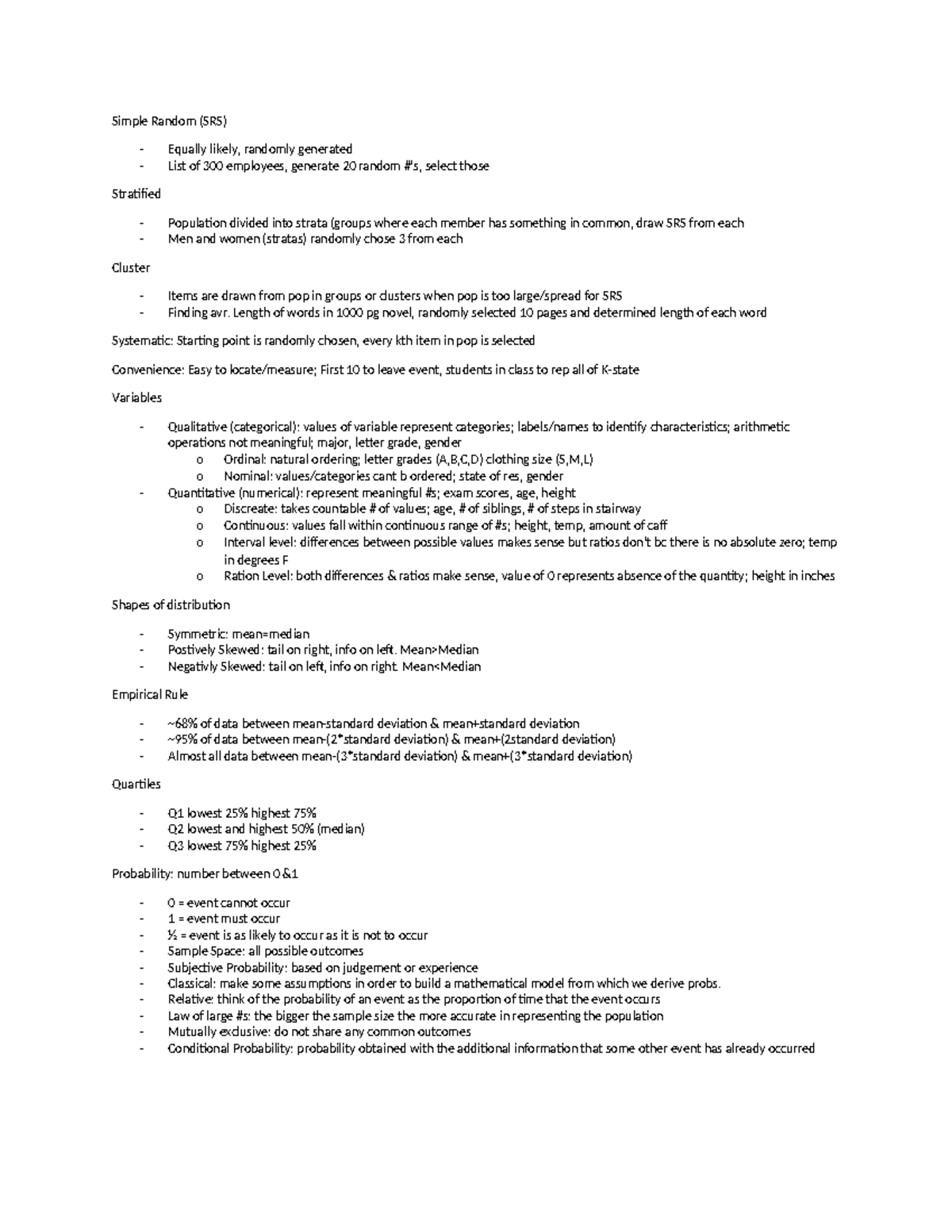 Sheet to bring to exam - Simple Random (SRS) - Equally likely, randomly ...