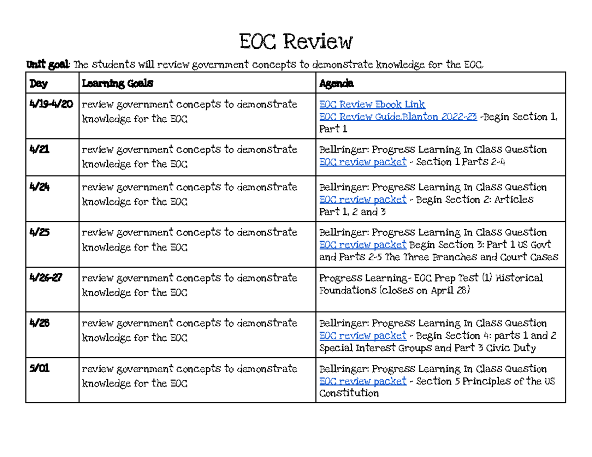 EOC Review Daily Planner 2023 - EOC Review Unit goal: The students will ...