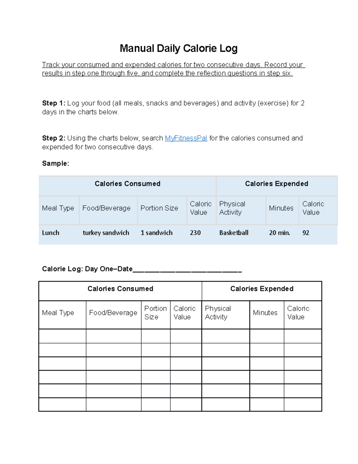 2day food log - idk - Manual Daily Calorie Log Track your consumed and ...