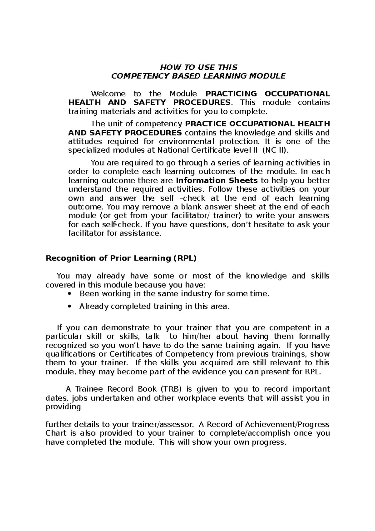 Basic 7- Practice Occupational Safety and Health Policies and ...