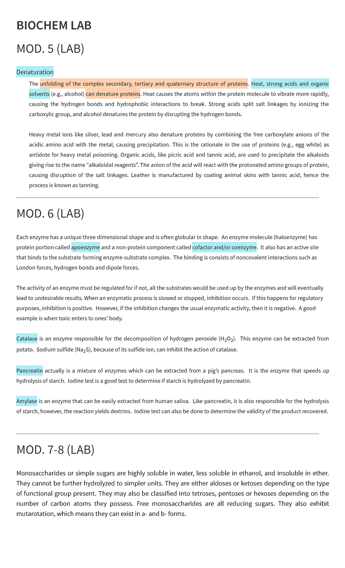 MOD 5-8 - BIOCHEM LAB MOD. 5 (LAB) Denaturation The unfolding of the complex secondary, tertiary ...
