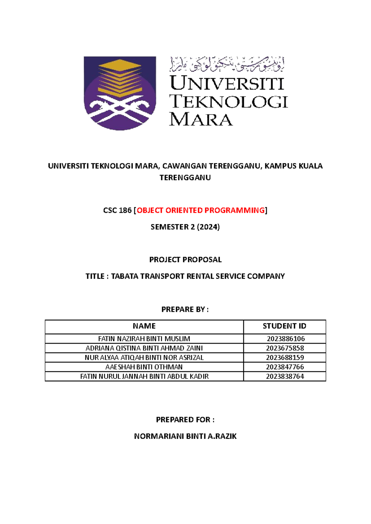 Report Proposal CSC186 - UNIVERSITI TEKNOLOGI MARA, CAWANGAN TERENGGANU ...
