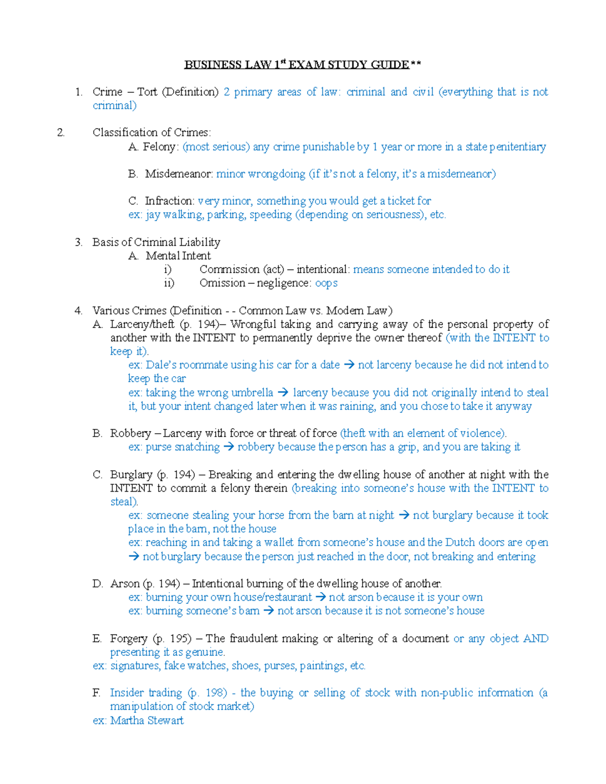 Crimes torts study guide - BUSINESS LAW 1st EXAM STUDY GUIDE** Crime ...